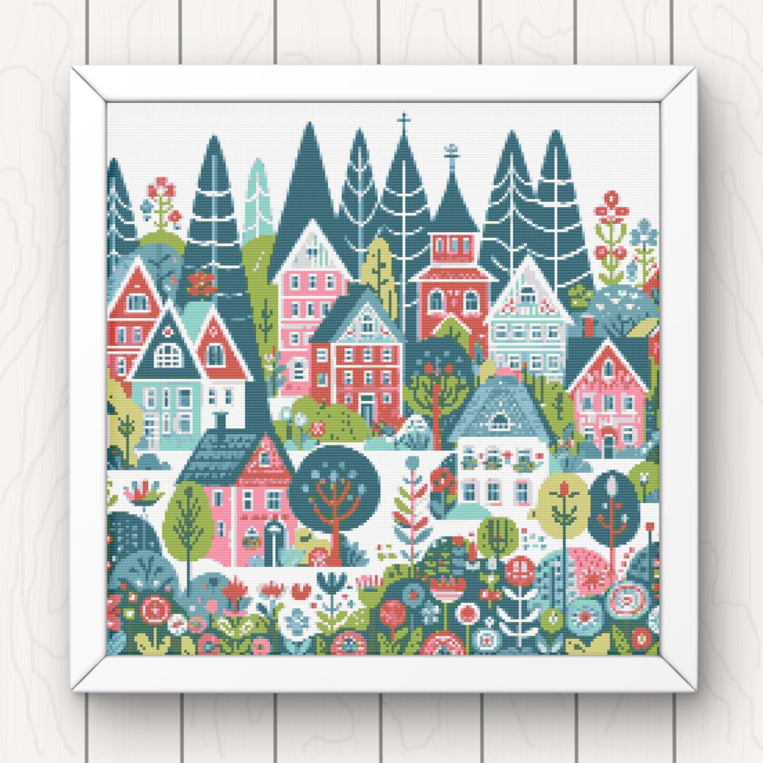 Village Cross Stitch Pattern Houses Pdf Instant Download Folk Art Town ...