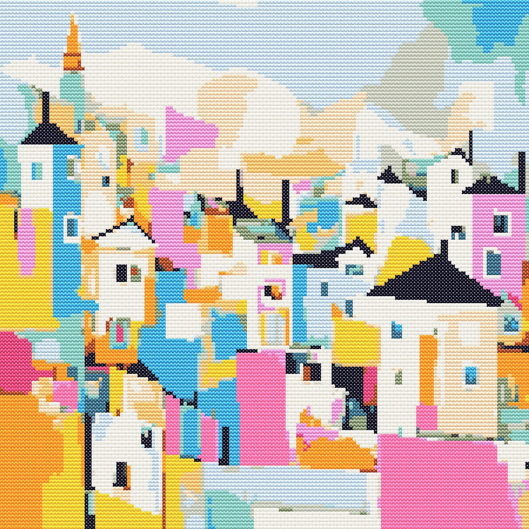 Townscape Cross Stitch Pattern Village Colourful Buildings Cross Stitch ...