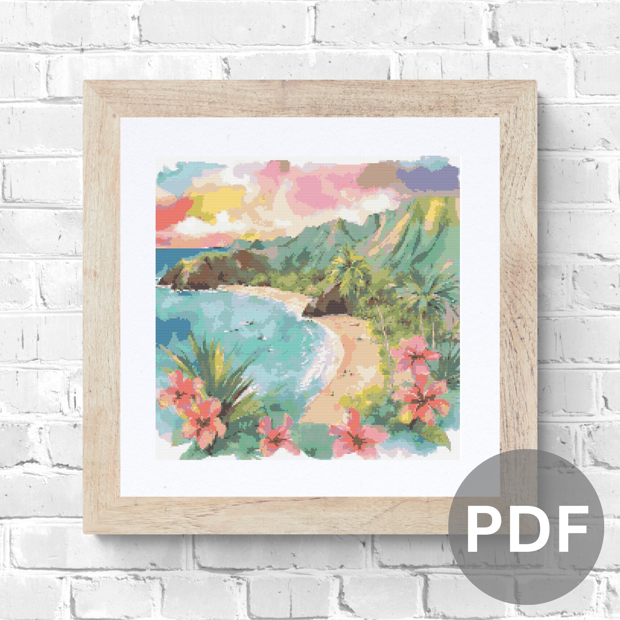 Hawaii Cross Stitch Pattern Watercolour Tropical Island Beach and Sea ...