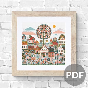 Village Cross Stitch Pattern Houses Pdf Instant Download Colourful Folk ...