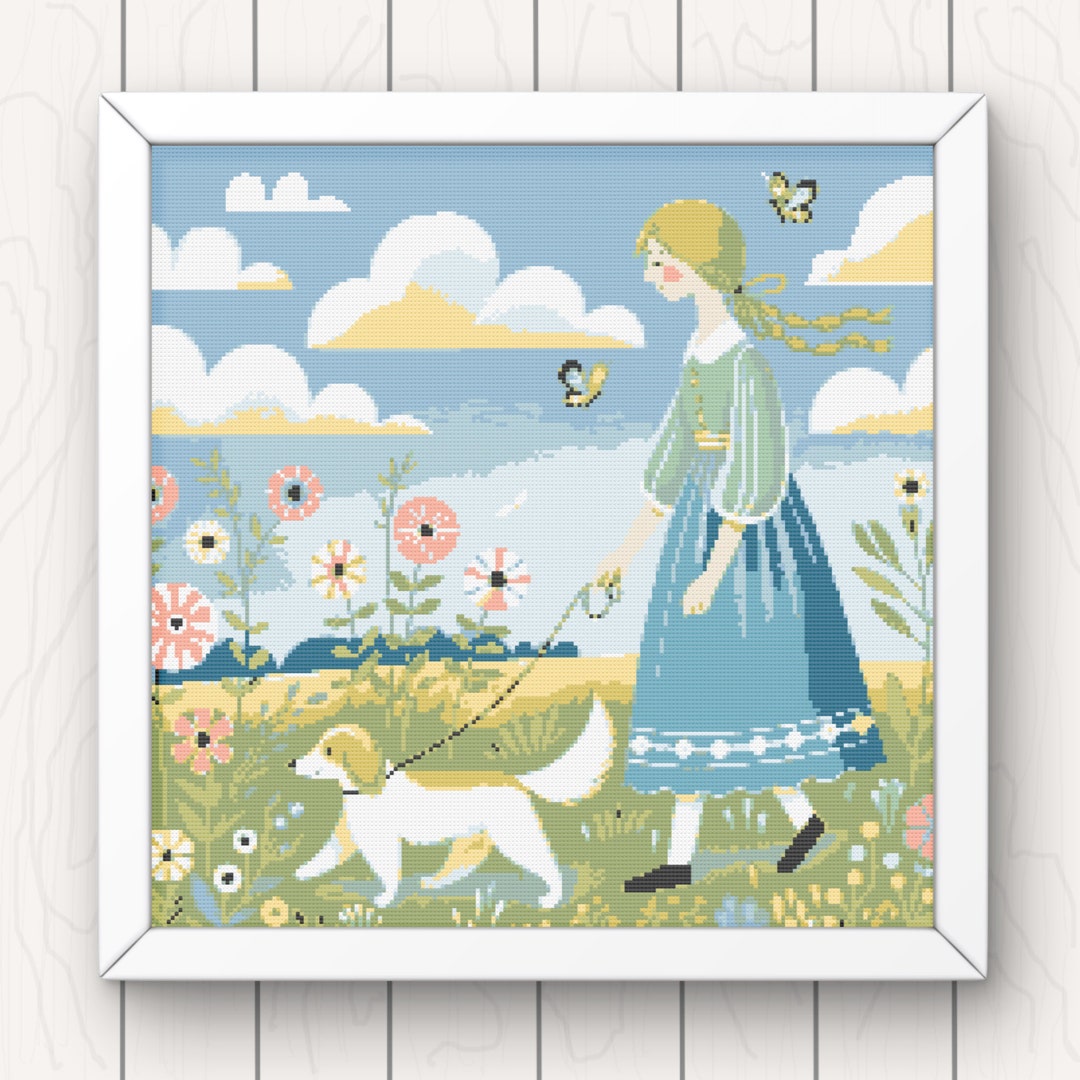 Whimsical Girl Walking Dog Cross Stitch Pattern: Folk Art (PDF Download ...