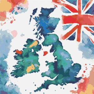 UK Map Cross Stitch Pattern Watercolour Great Britain Map With Union ...
