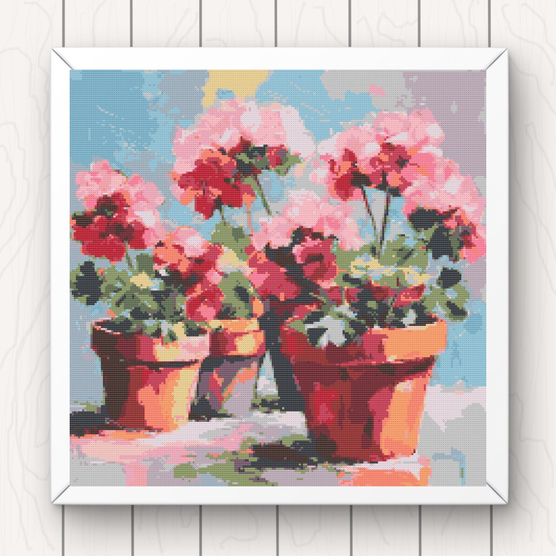 Geraniums Cross Stitch Pattern: Mediterranean Potted Flowers (PDF ...