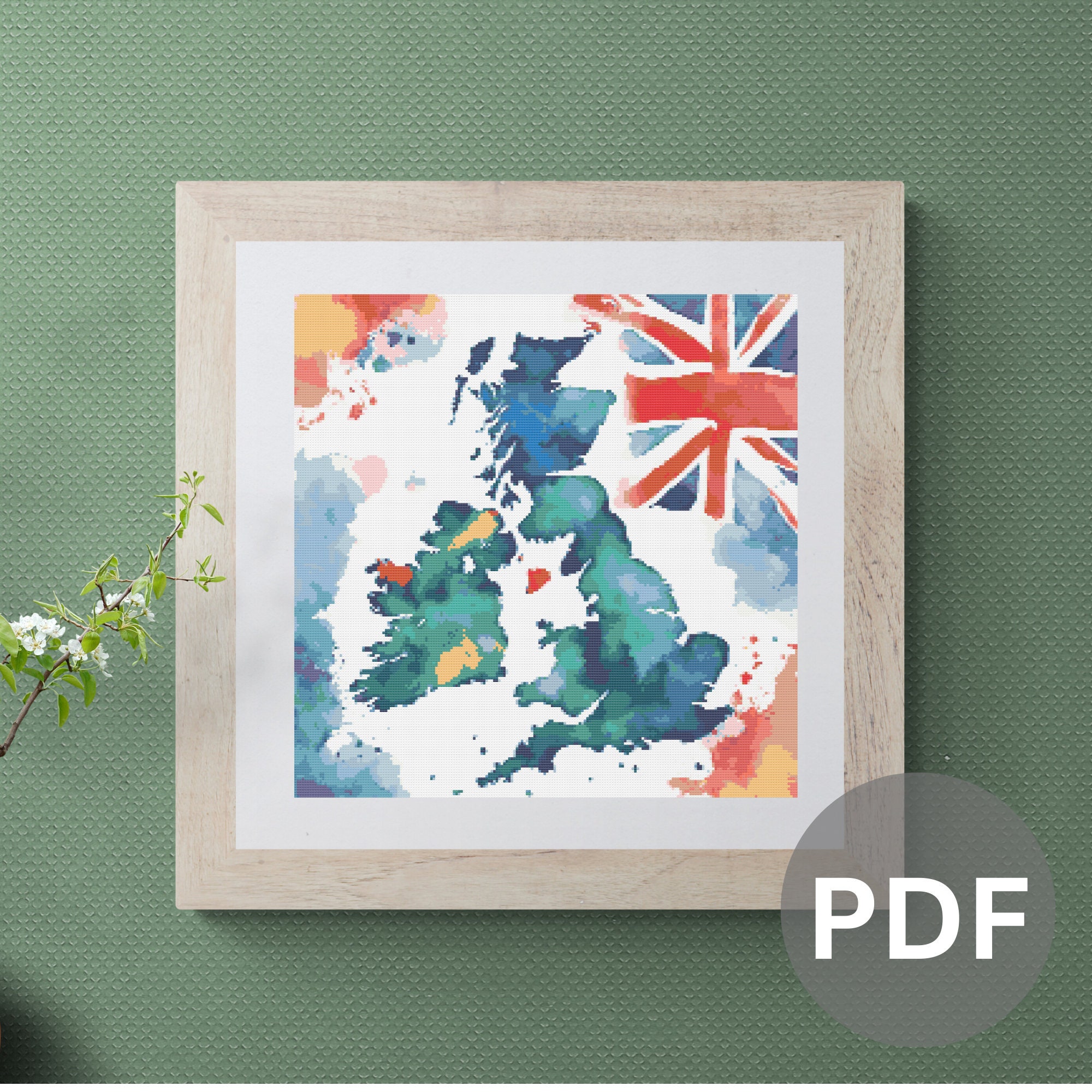 UK Map Cross Stitch Pattern Watercolour Great Britain Map With Union ...