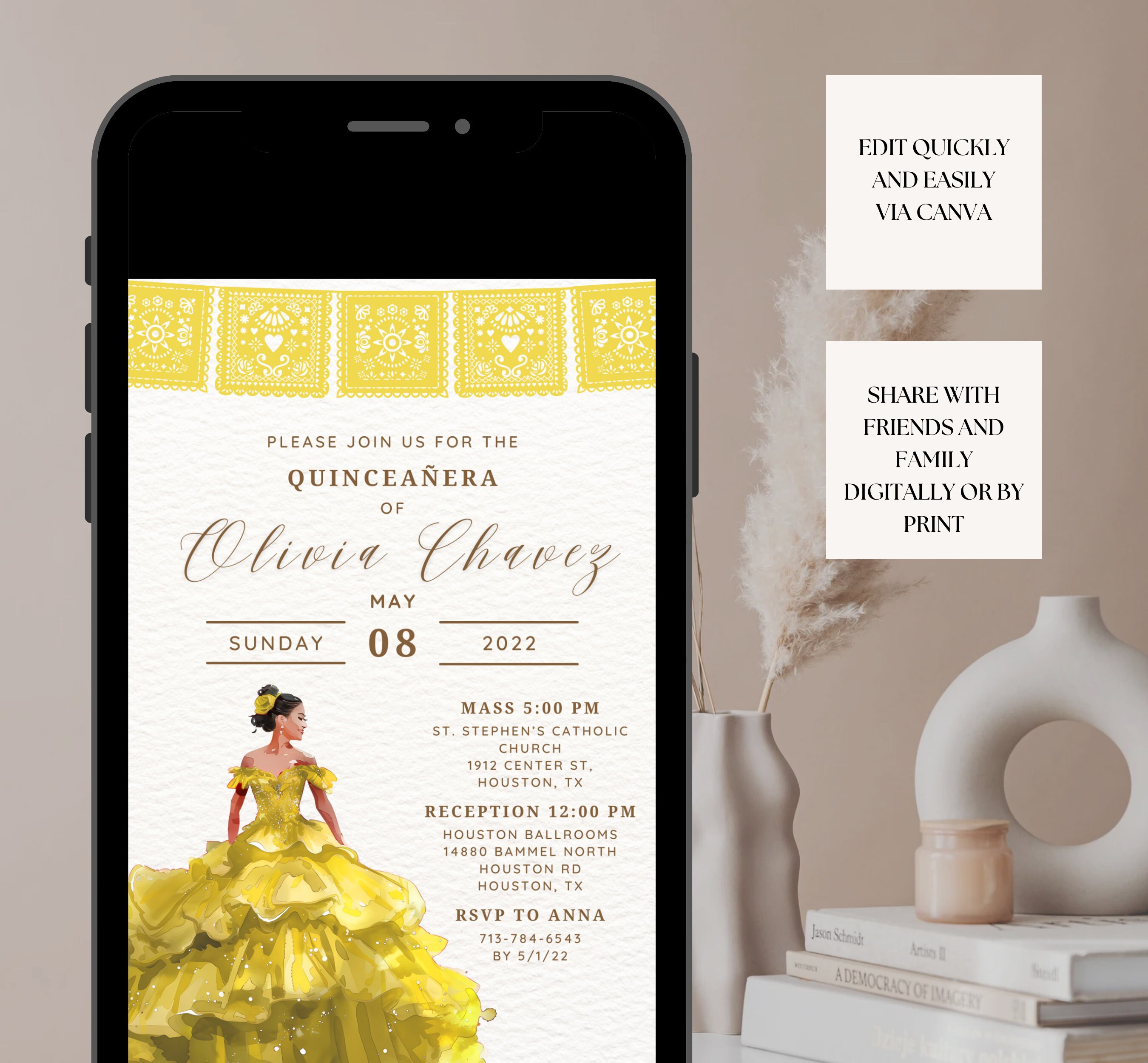 Yellow Quinceañera Invitation: Mexican Princess Dress, Editable Canva ...