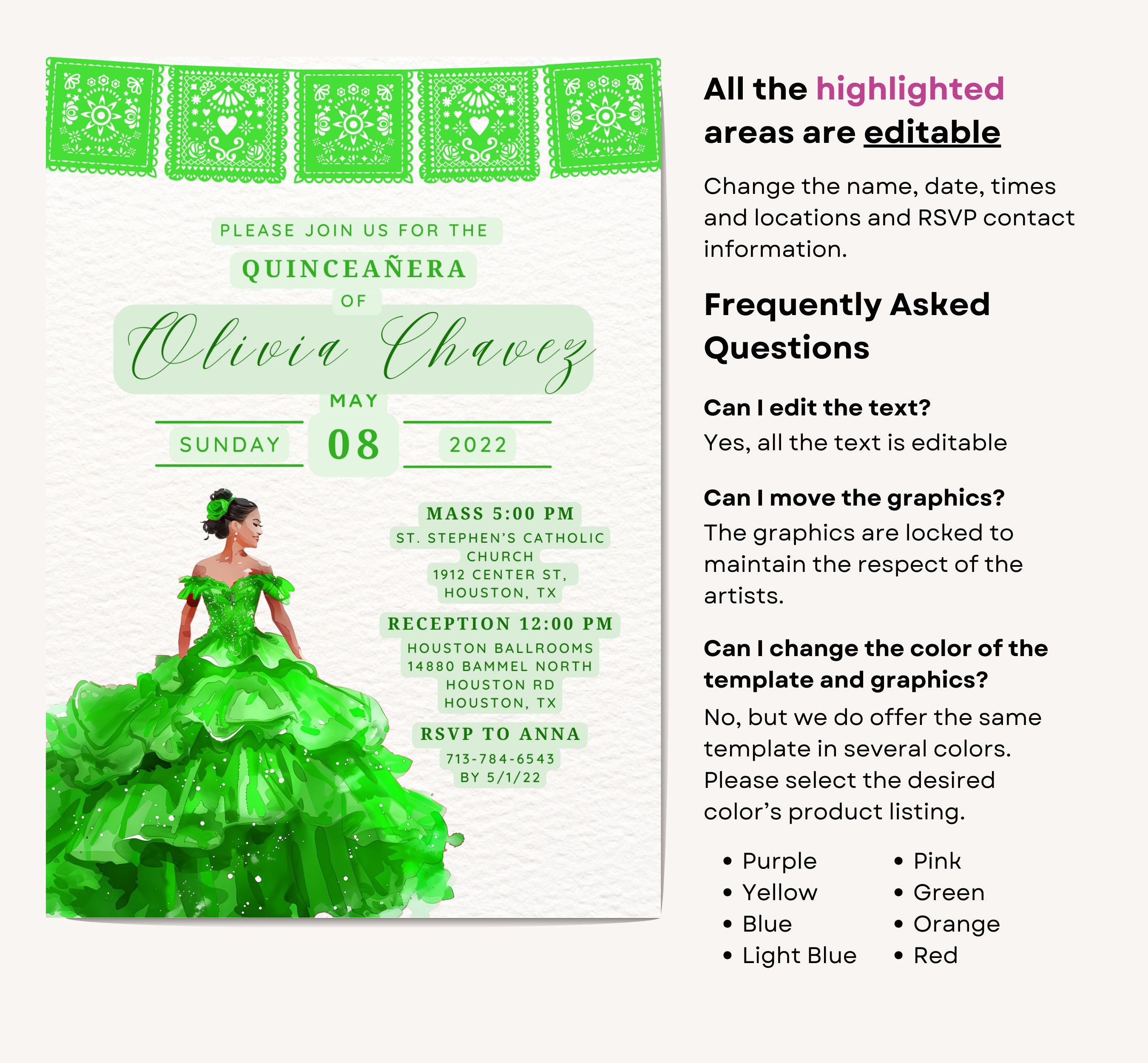 Green Quinceañera Invitation, Mexican, Princess Dress, 15th Birthday ...