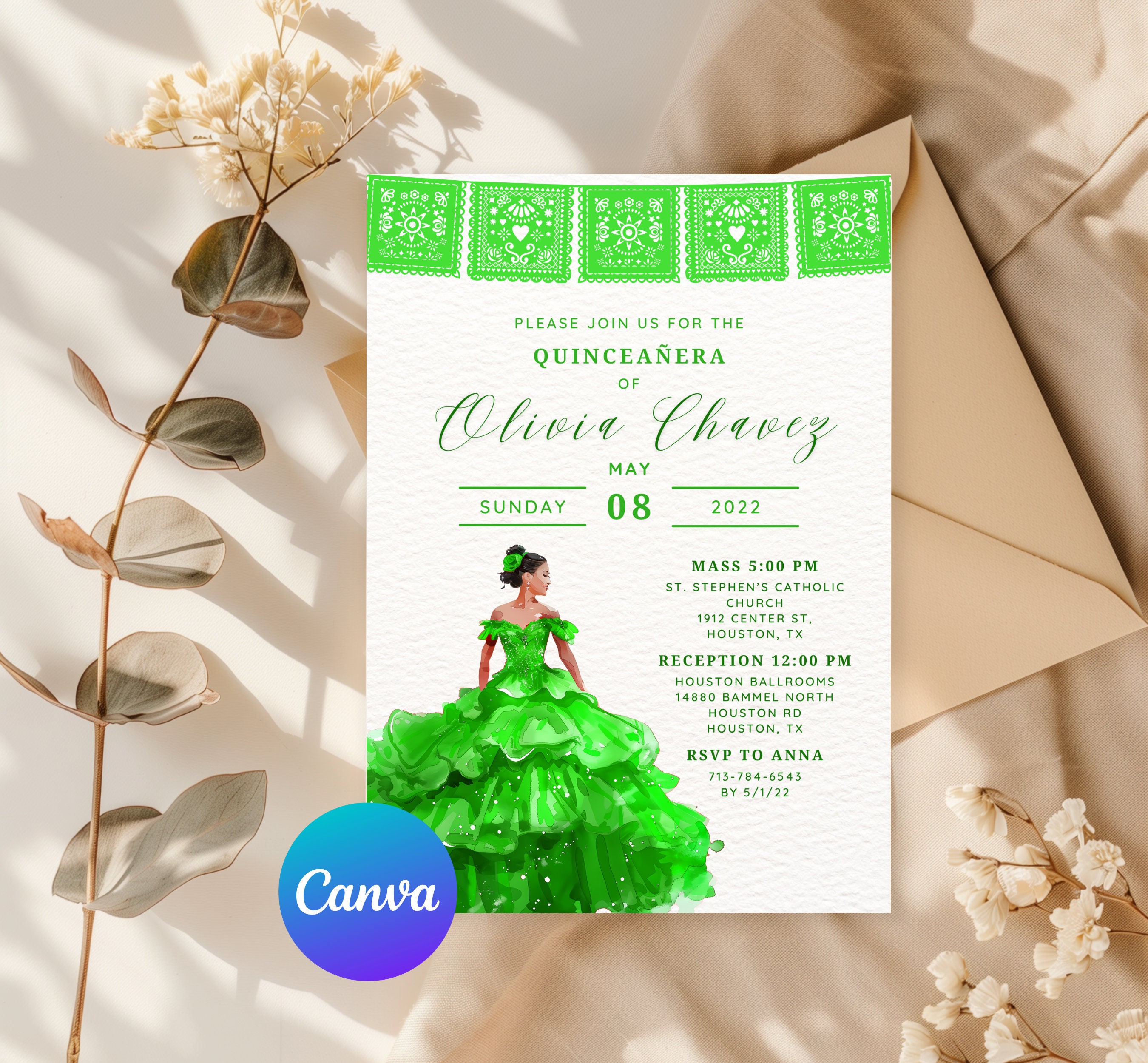 Green Quinceañera Invitation, Mexican, Princess Dress, 15th Birthday ...