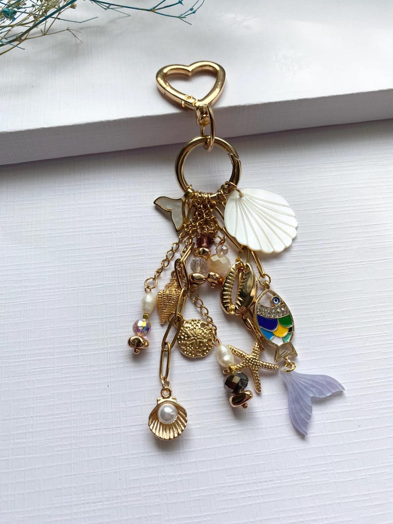 Pearl and Shell Keychain, Key Chain Beach Theme, Handmade Beach ...