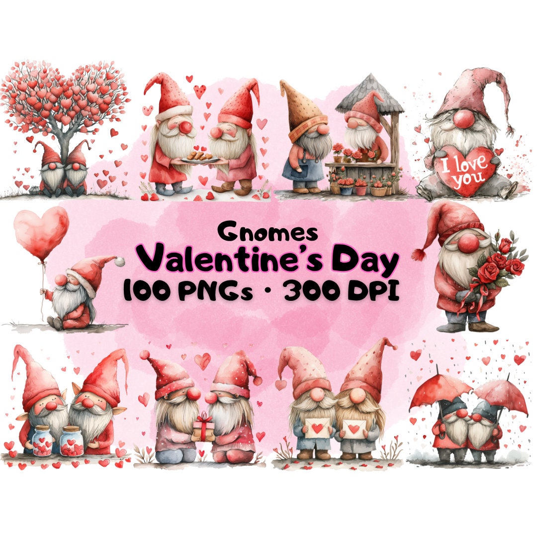 Watercolor Valentines Gnomes Clipart, Valentines Day Clipart Bundle ...