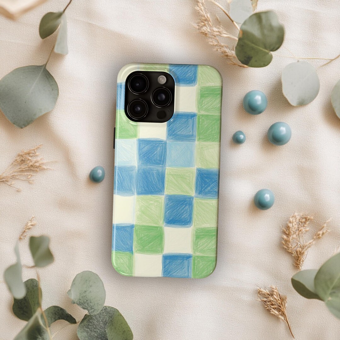Light Blue and Green Phone Cover Checkered Pattern 2D Phone Case Soft ...