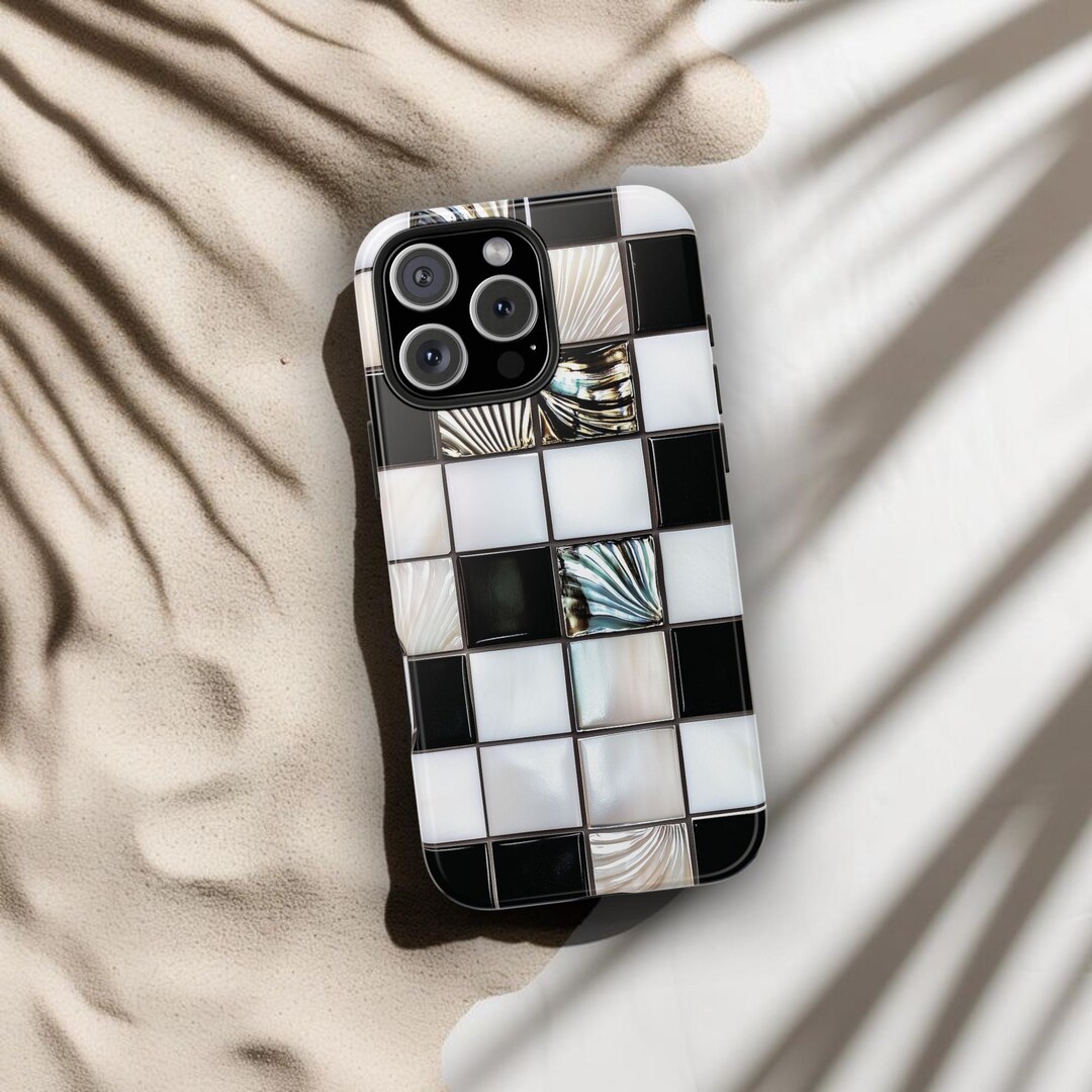 Black White Checkered Seashell Phone Case Marble Chessboard Phone Cover ...