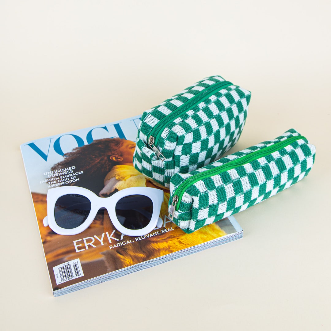 Preppy Green Checkerboard Cosmetic Bag Set Makeup & Toiletry Organizer ...