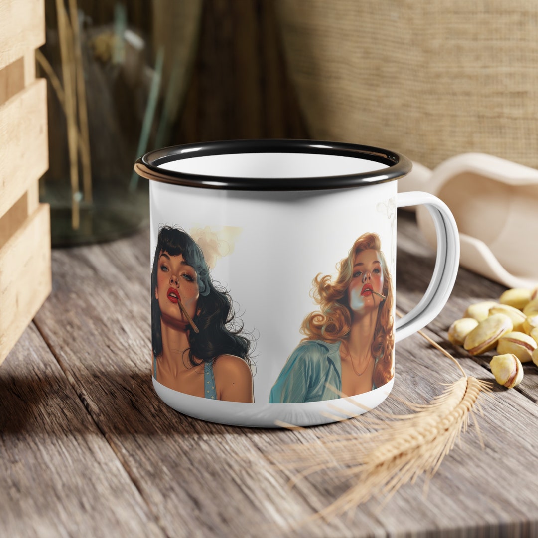 Enamel Cup 12oz With Weed Smoking Pinup Girls, Metal Cup, Weed Smoker ...