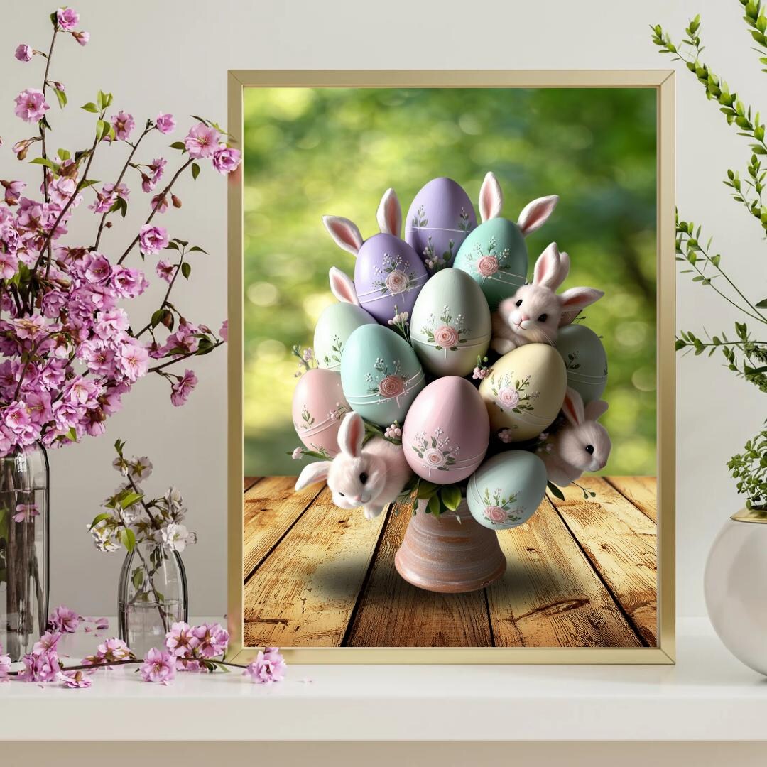 Cute Easter Eggs and Bunny Digital Wall Print – Pastel Spring Decor ...