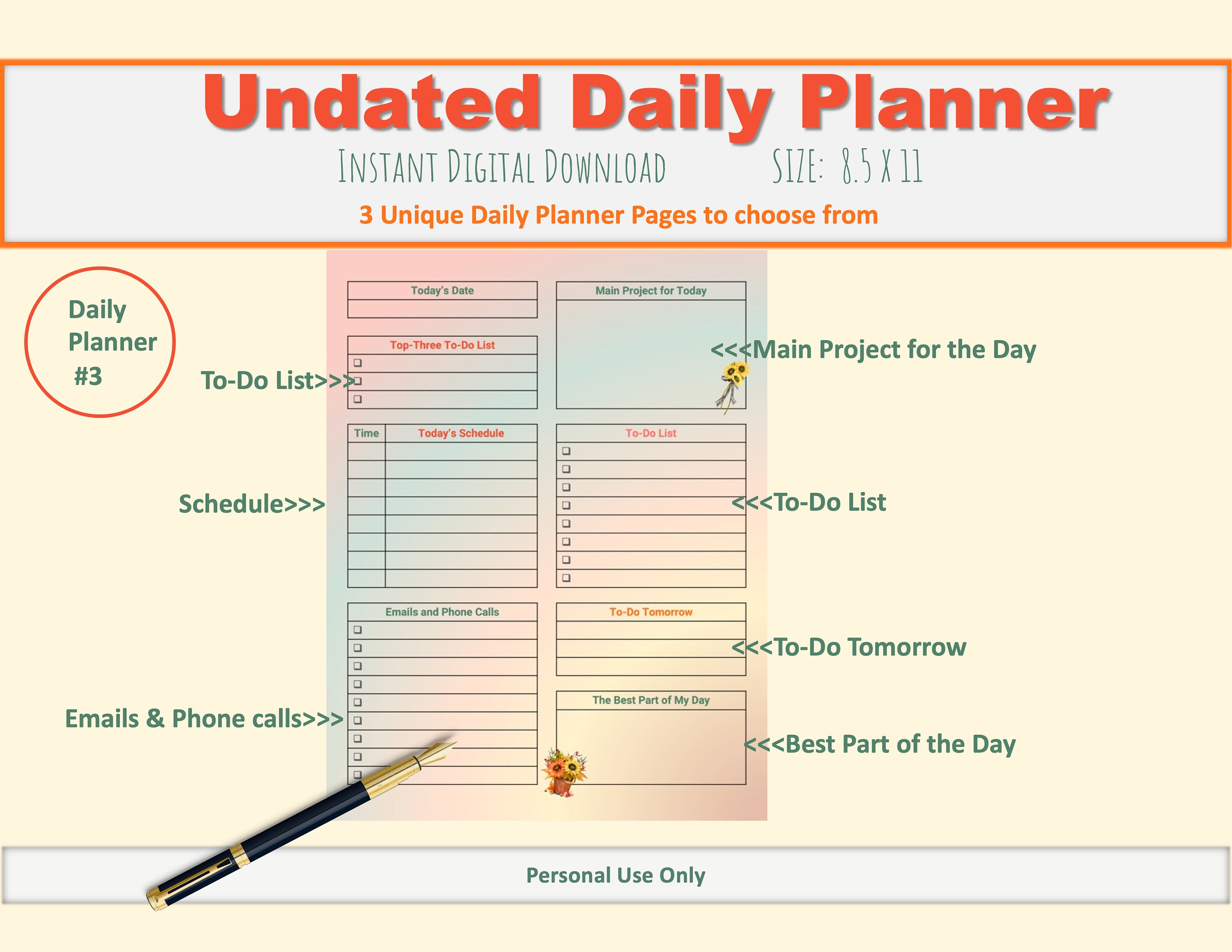 Undated Daily Planner Printable WITH Red-orange Colors and Sunflower ...