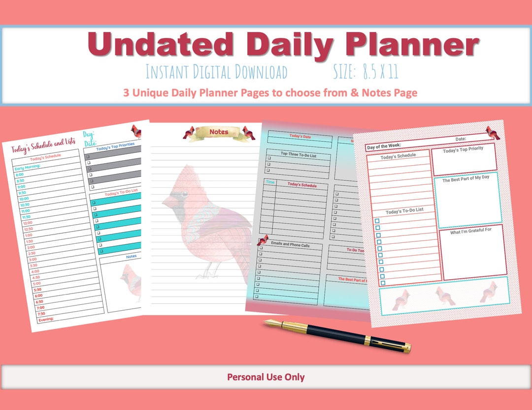 Undated Daily Planner Printable WITH Red and Teal Colors, Bird Theme - Etsy