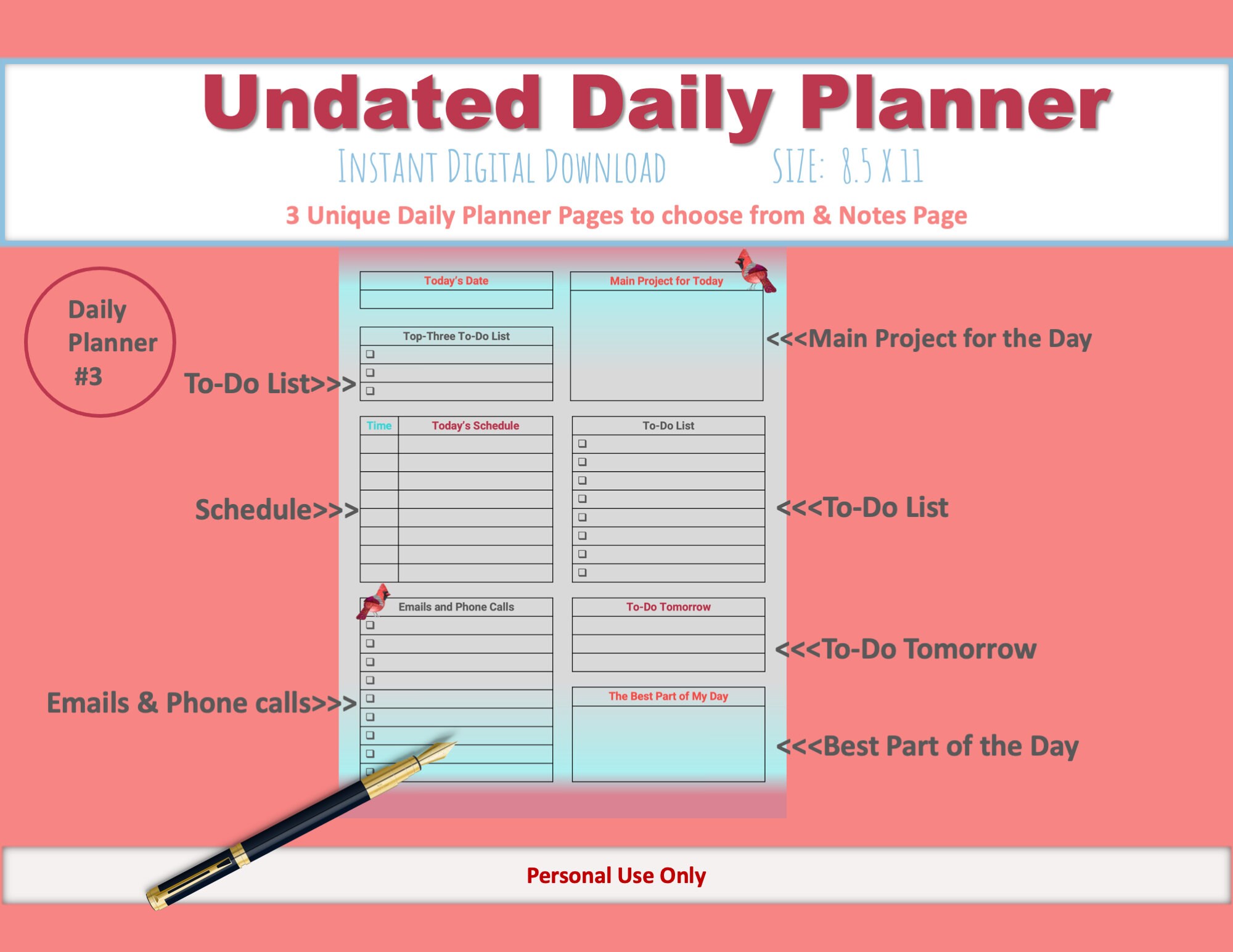Undated Daily Planner Printable WITH Red and Teal Colors, Bird Theme - Etsy