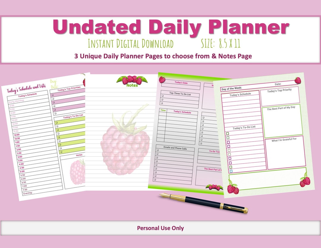 Undated Daily Planner Printable Red Raspberry Fruit Theme - Etsy