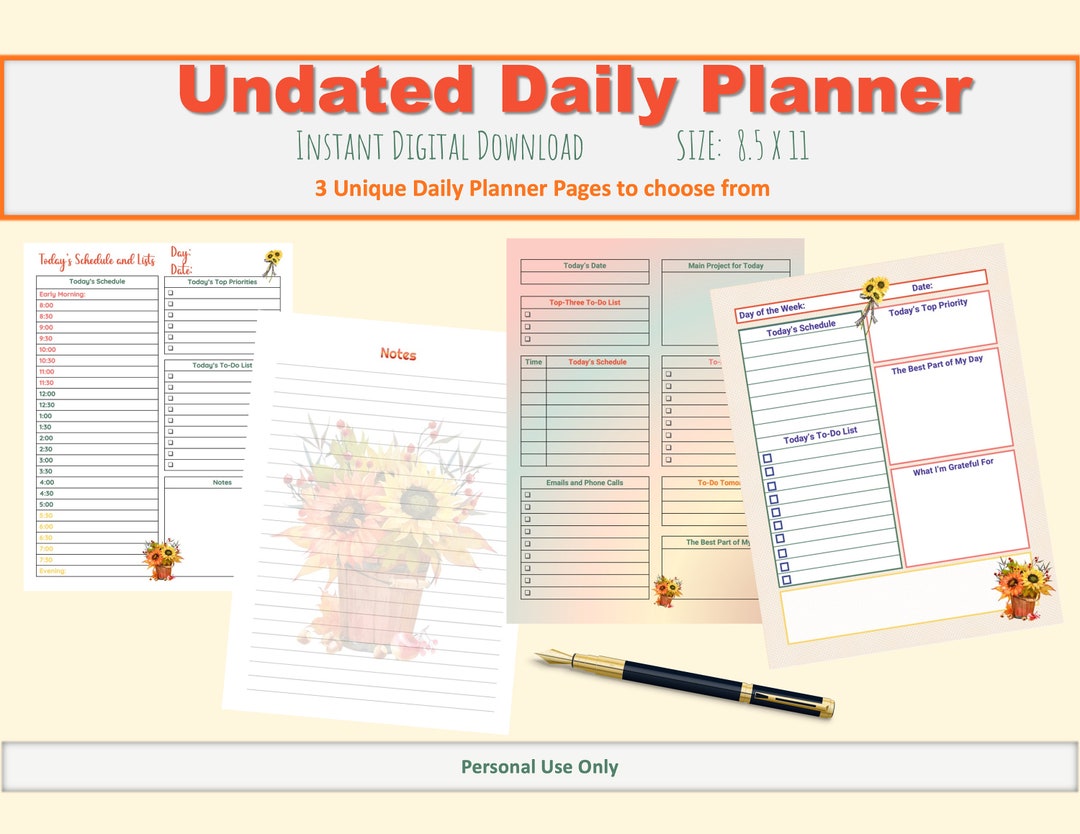 Undated Daily Planner Printable WITH Red-orange Colors and Sunflower ...