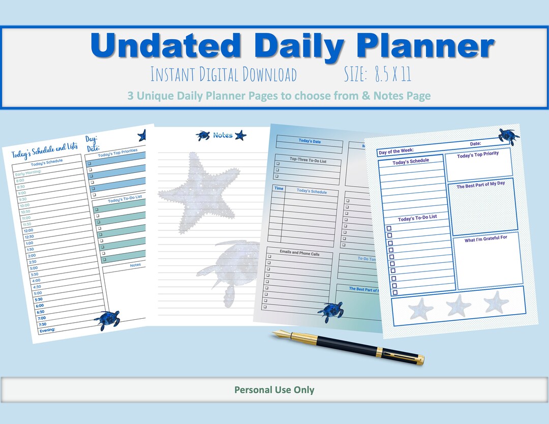 Undated Daily Planner Printable- WITH Blue-green Colors and Turtle ...