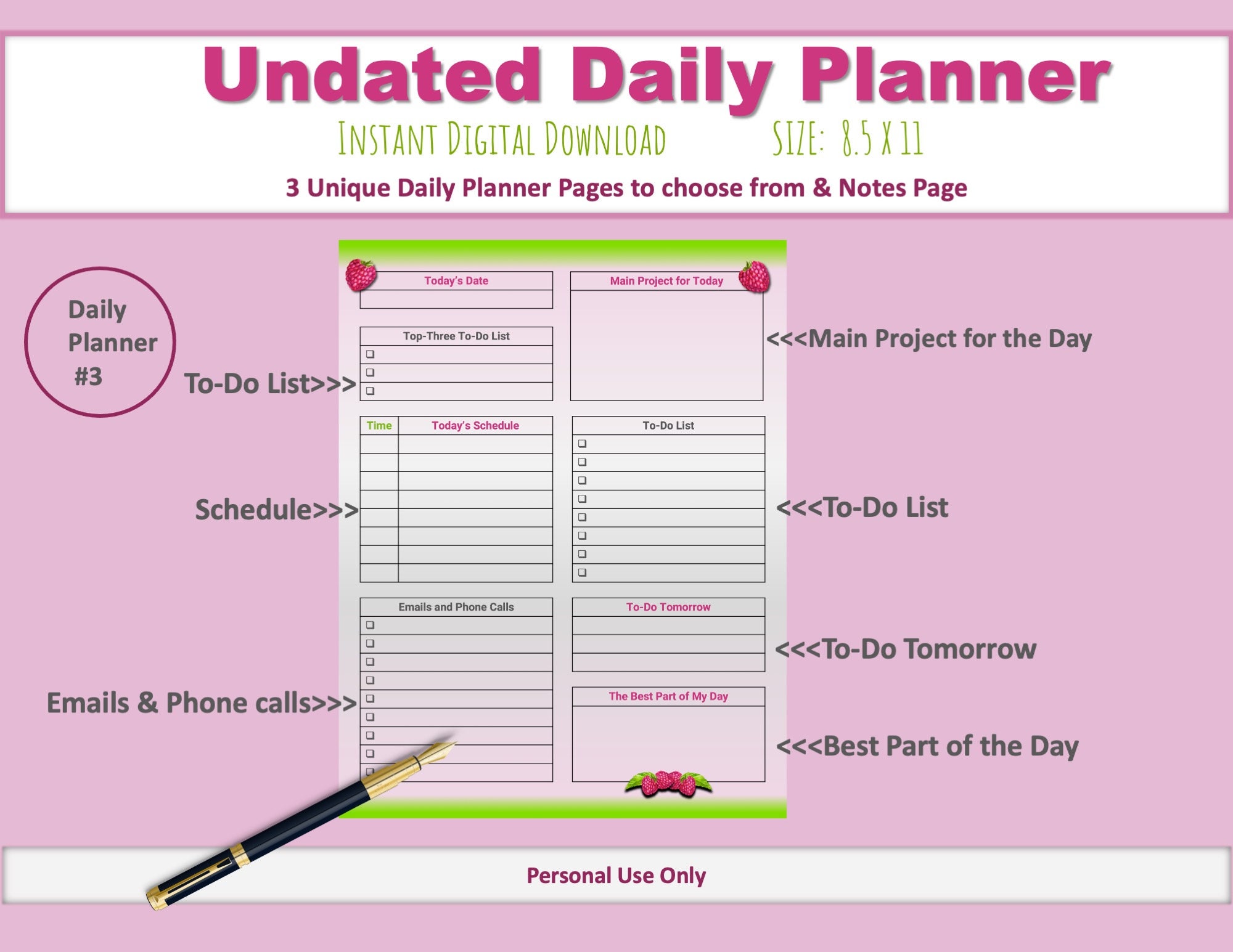 Undated Daily Planner Printable Red Raspberry Fruit Theme - Etsy