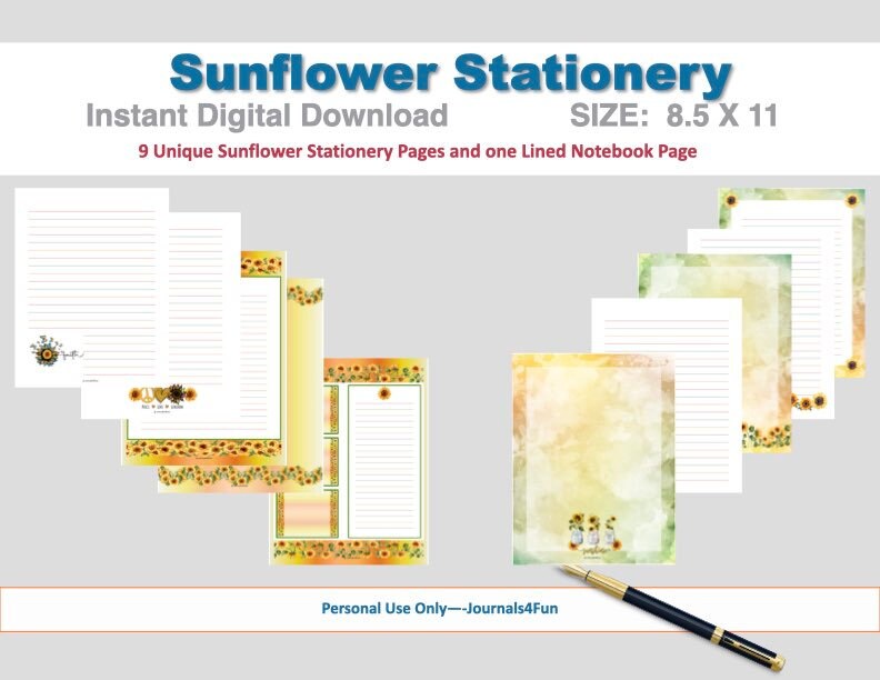 Sunflower Printable Stationery Set- US Letter Size With Lined/unlined ...