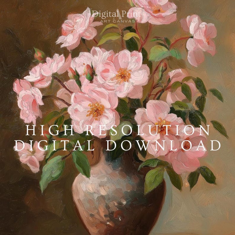 Vintage Pink Roses Painting in Vase, Botanical Print (digital Download ...