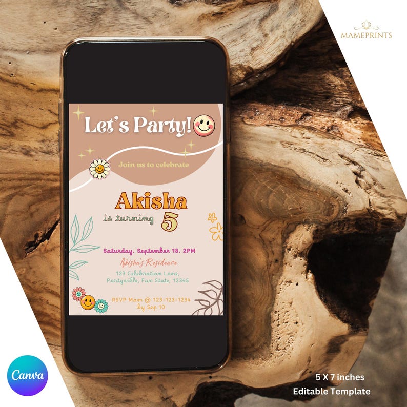 Smiley Face Retro Birthday Invitation, Daisy Birthday Invitation, Retro ...