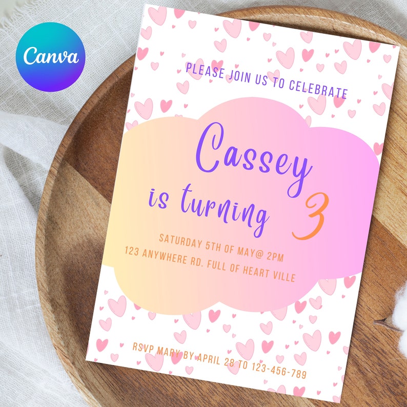 Editable Pink Hearts Birthday Invitation, Pink Birthday Invitation ...