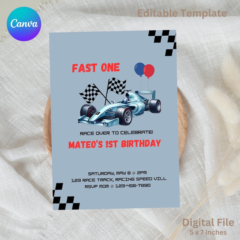 Fast One Birthday Invitation, Race Car Invitation, Editable 1st ...