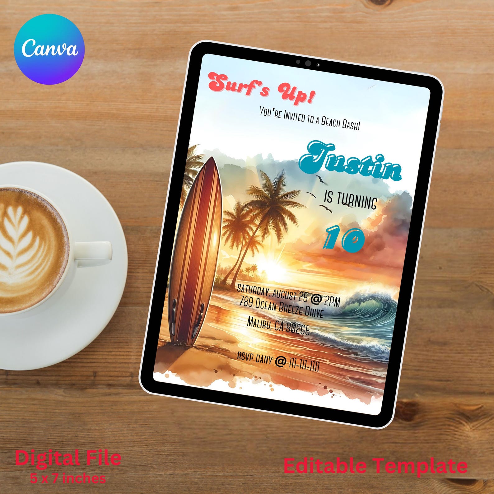 Editable Surfing Birthday Invitation, Surfboard Birthday Invitation ...