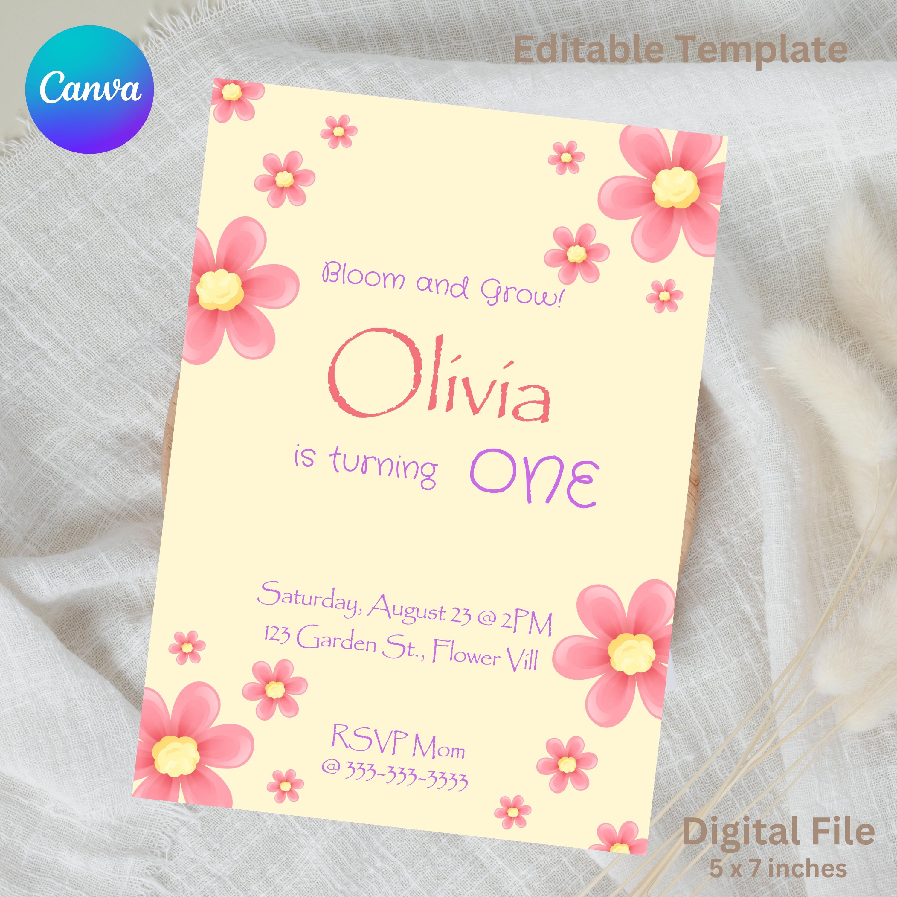 Editable Daisy Flower Birthday Invitation, 1st Birthday Invite ...