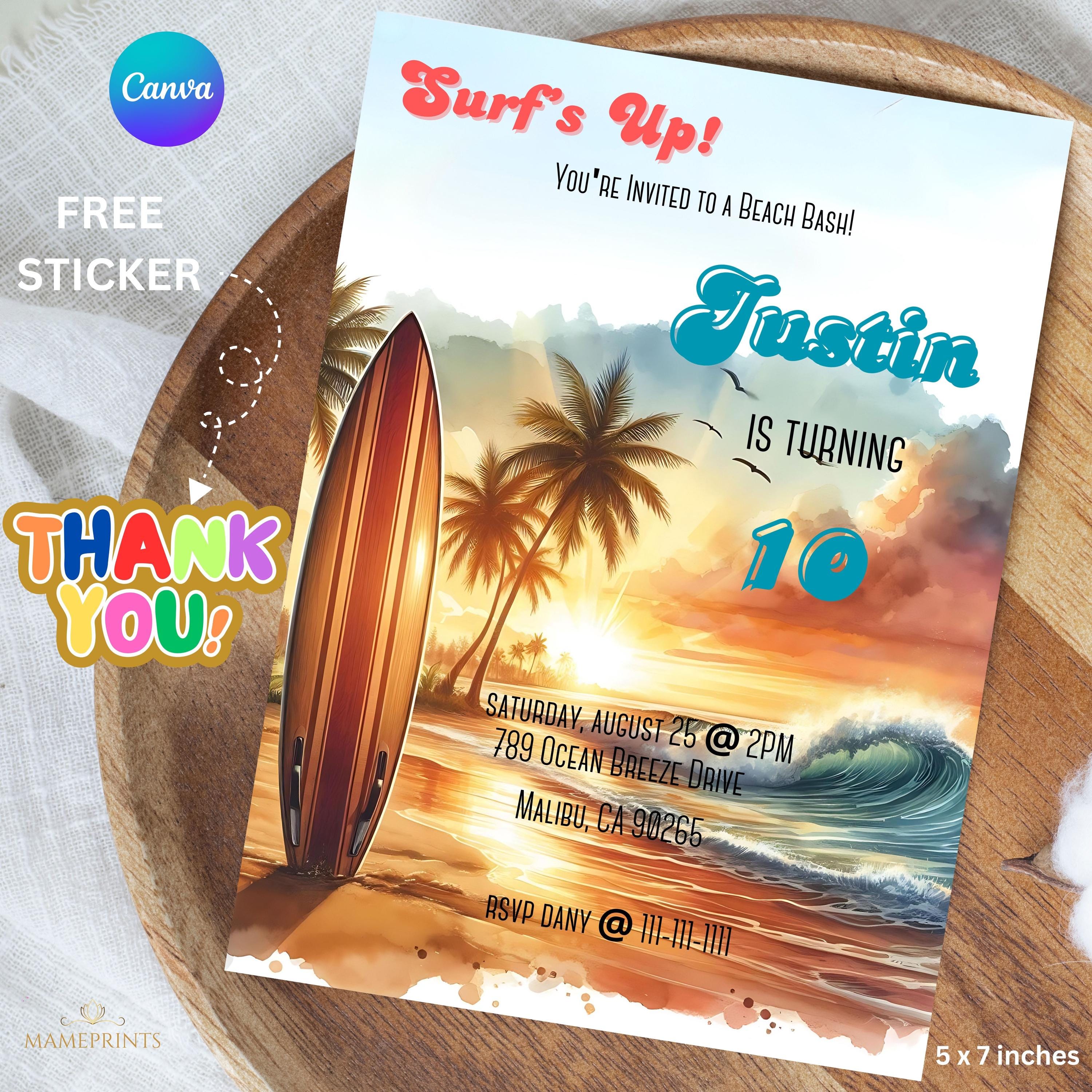 Editable Surfing Birthday Invitation, Surfboard Birthday Invitation ...
