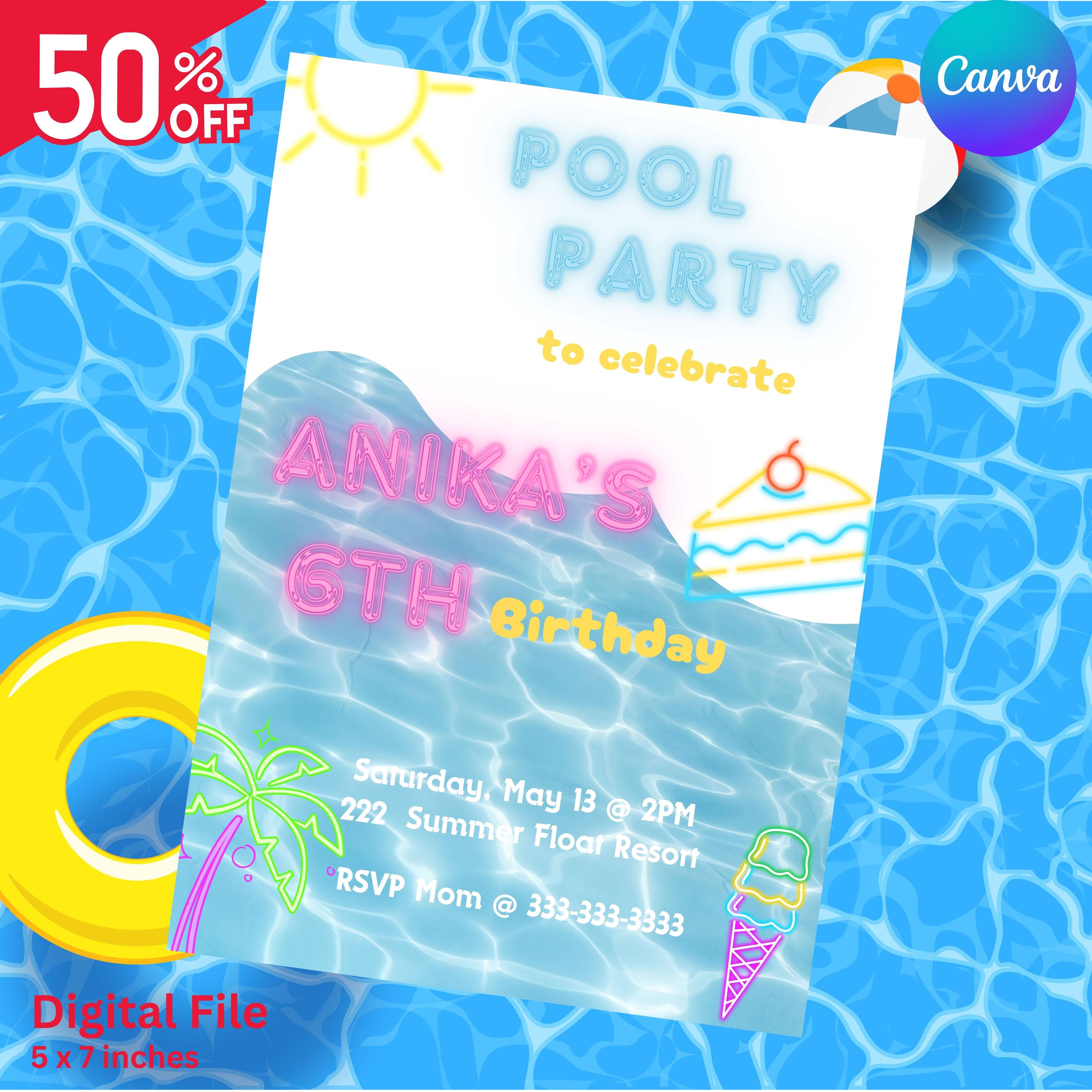 Editable Pool Party Invitation, Swimming Party, Summer Birthday Party ...