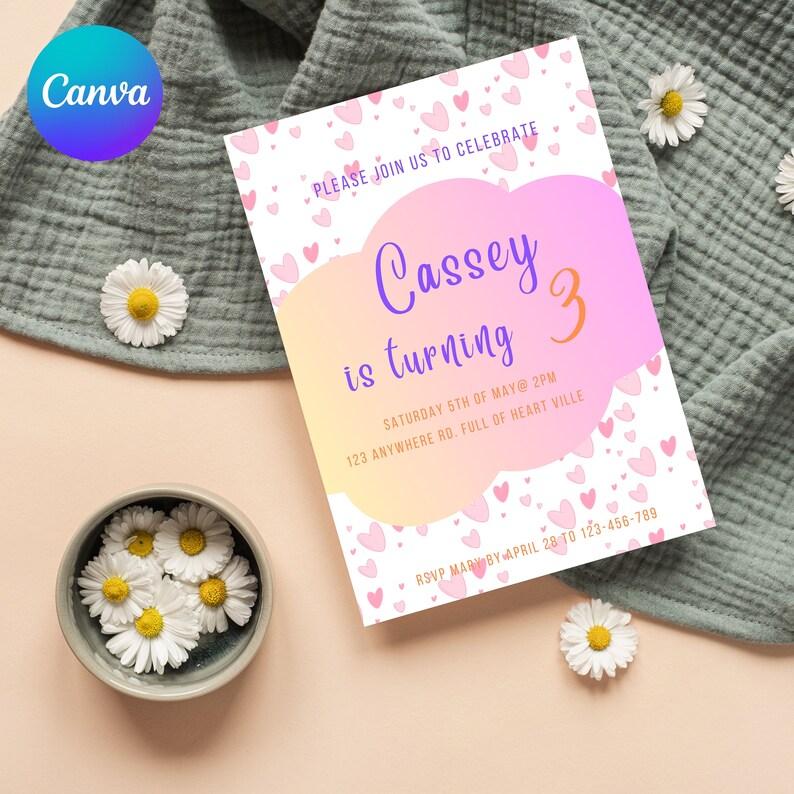 Editable Pink Hearts Birthday Invitation, Pink Birthday Invitation ...