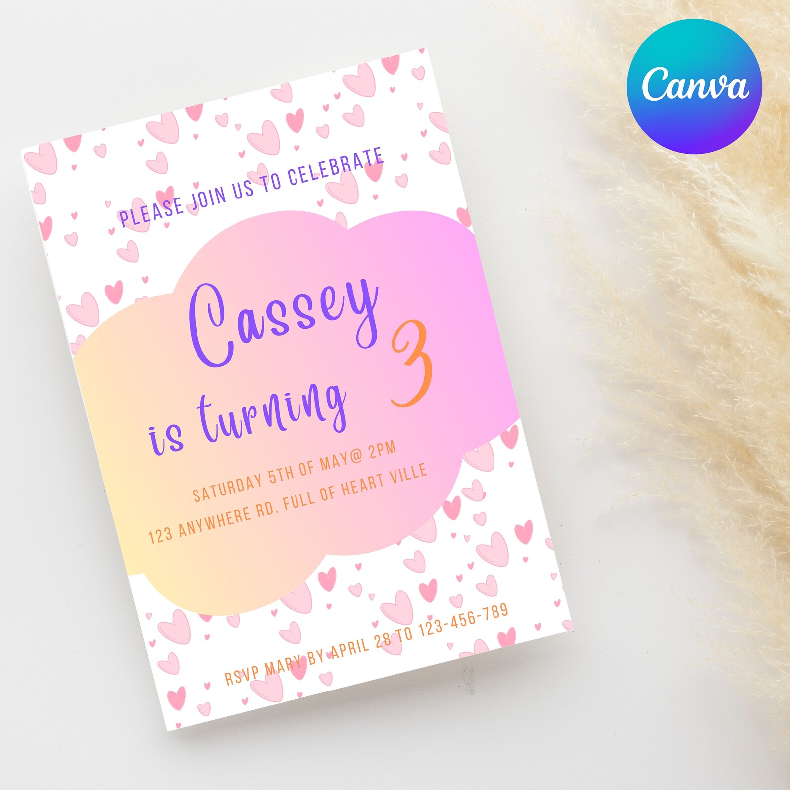 Editable Pink Hearts Birthday Invitation, Pink Birthday Invitation ...