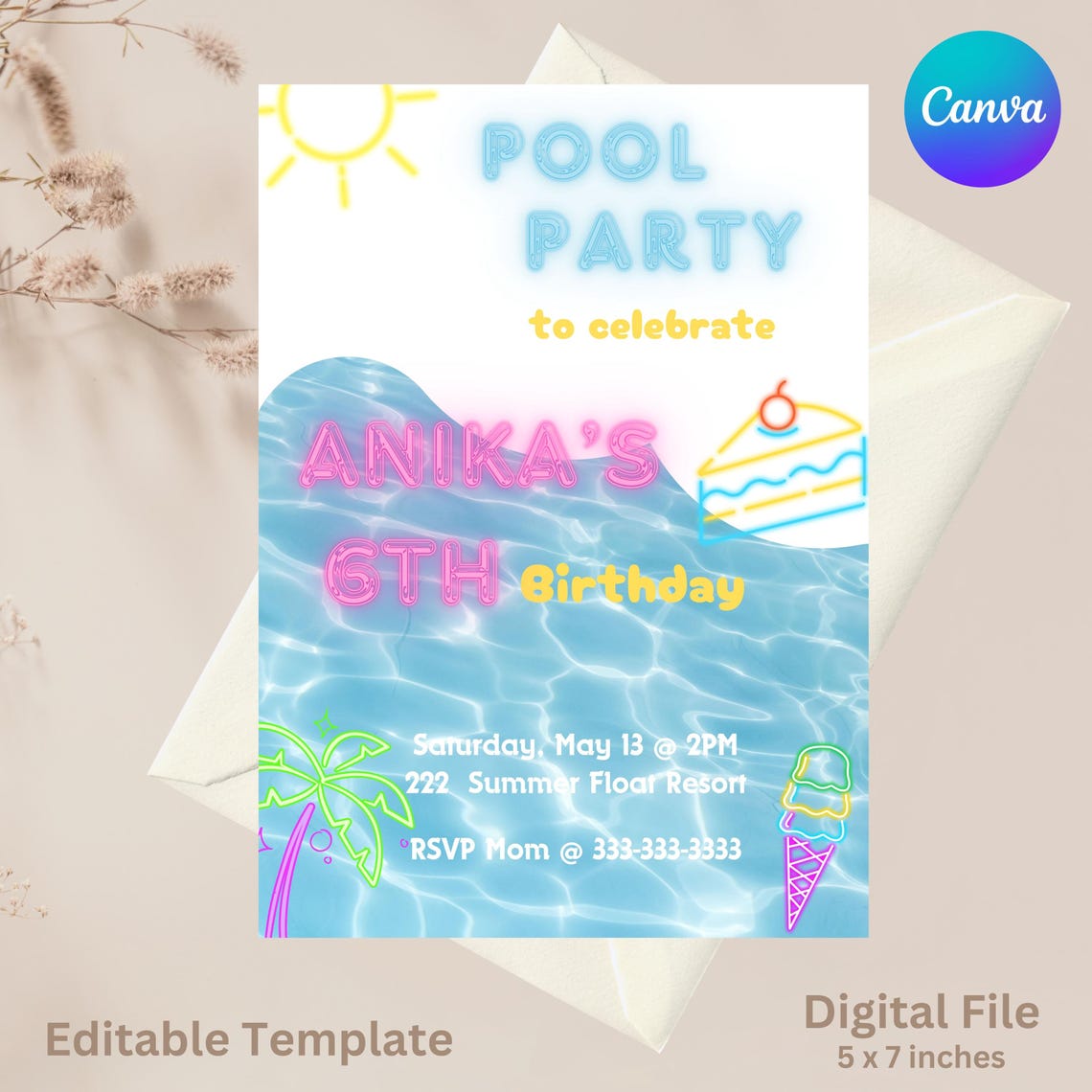 Editable Pool Party Invitation, Swimming Party, Summer Birthday Party ...