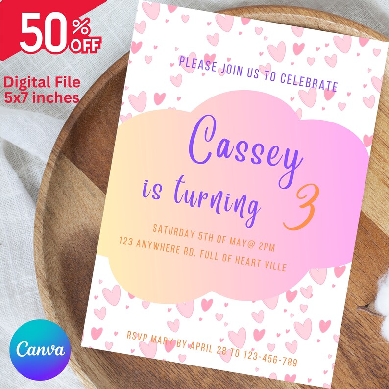 Editable Pink Hearts Birthday Invitation, Pink Birthday Invitation ...