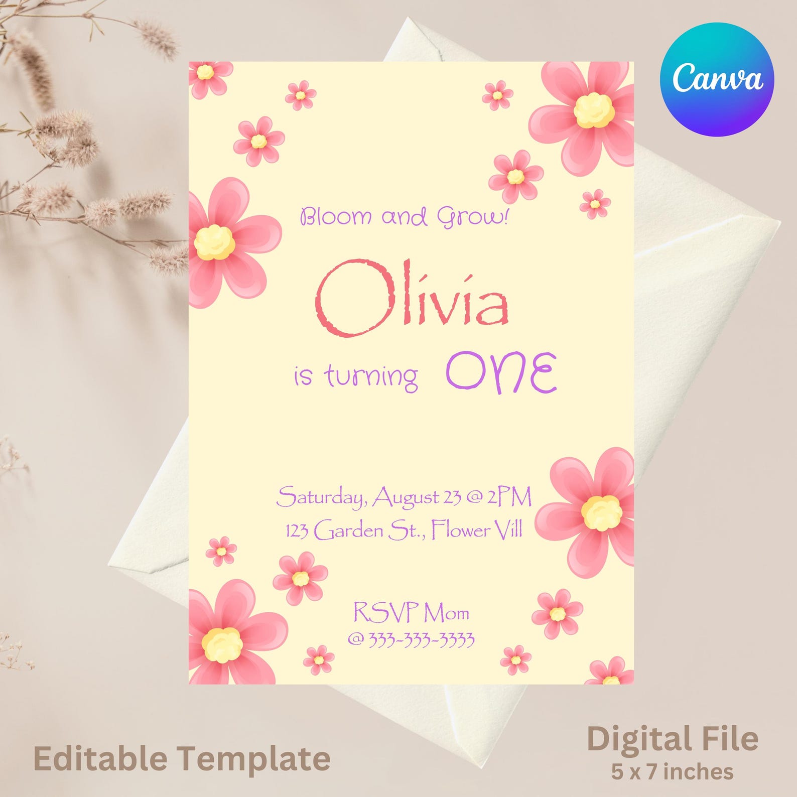 Editable Daisy Flower Birthday Invitation, 1st Birthday Invite ...