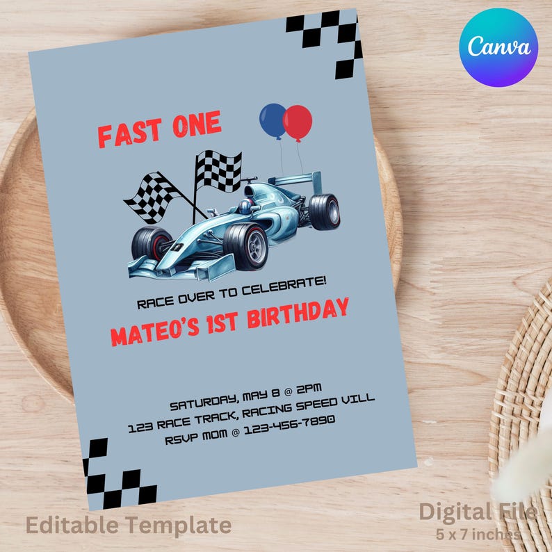 Fast One Birthday Invitation, Race Car Invitation, Editable 1st ...