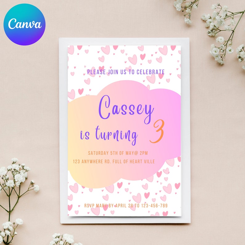 Editable Pink Hearts Birthday Invitation, Pink Birthday Invitation ...