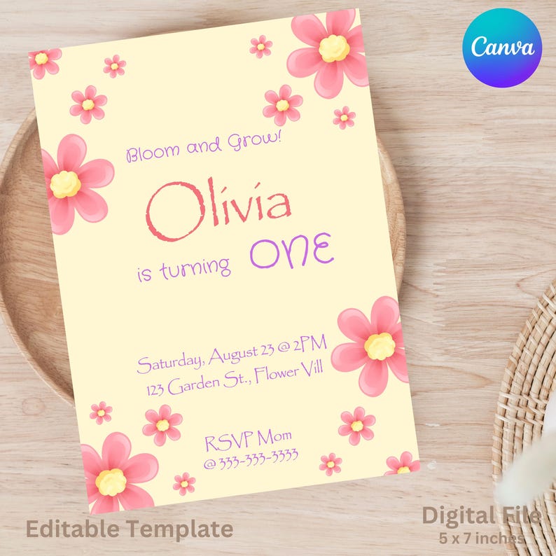 Editable Daisy Flower Birthday Invitation, 1st Birthday Invite ...