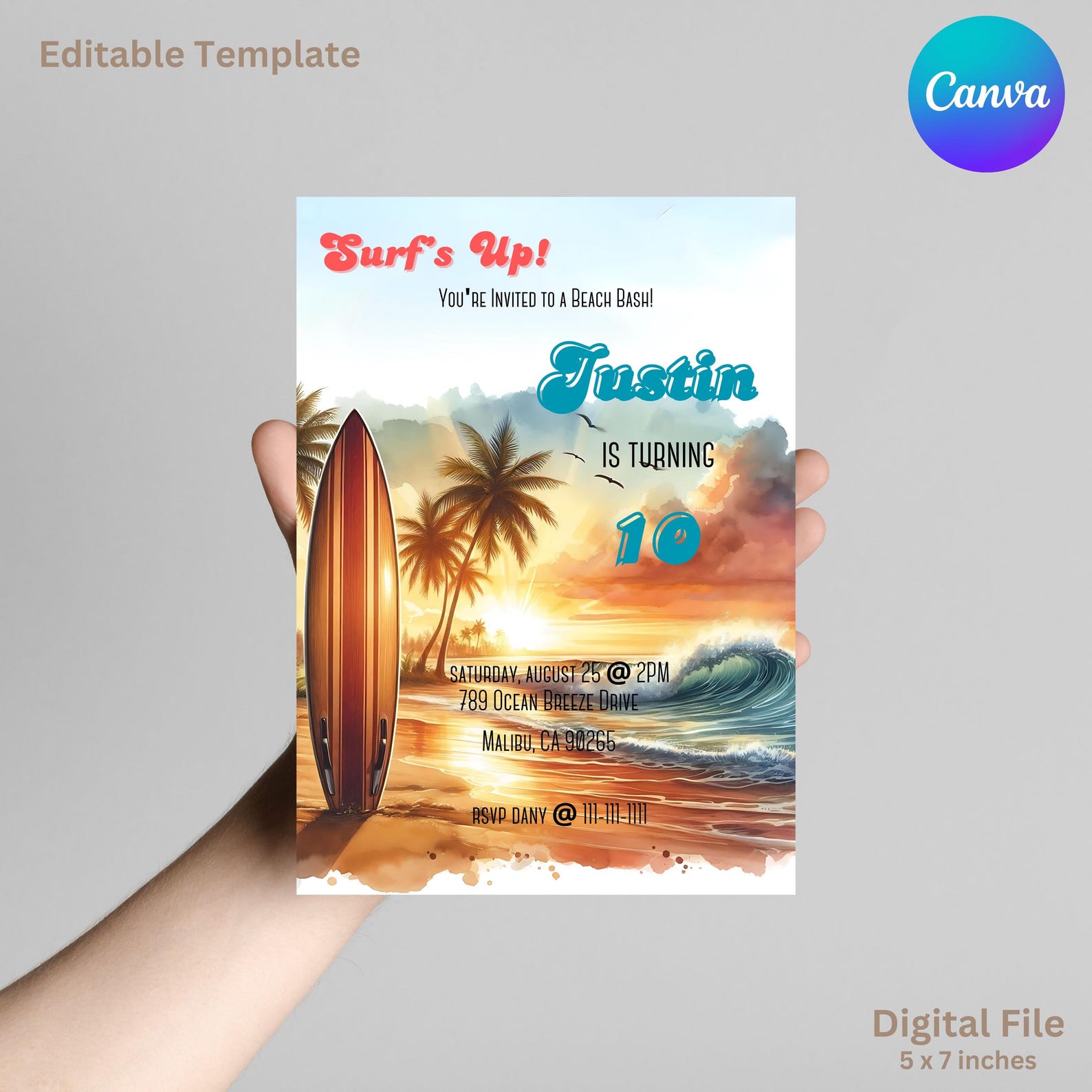 Editable Surfing Birthday Invitation, Surfboard Birthday Invitation ...