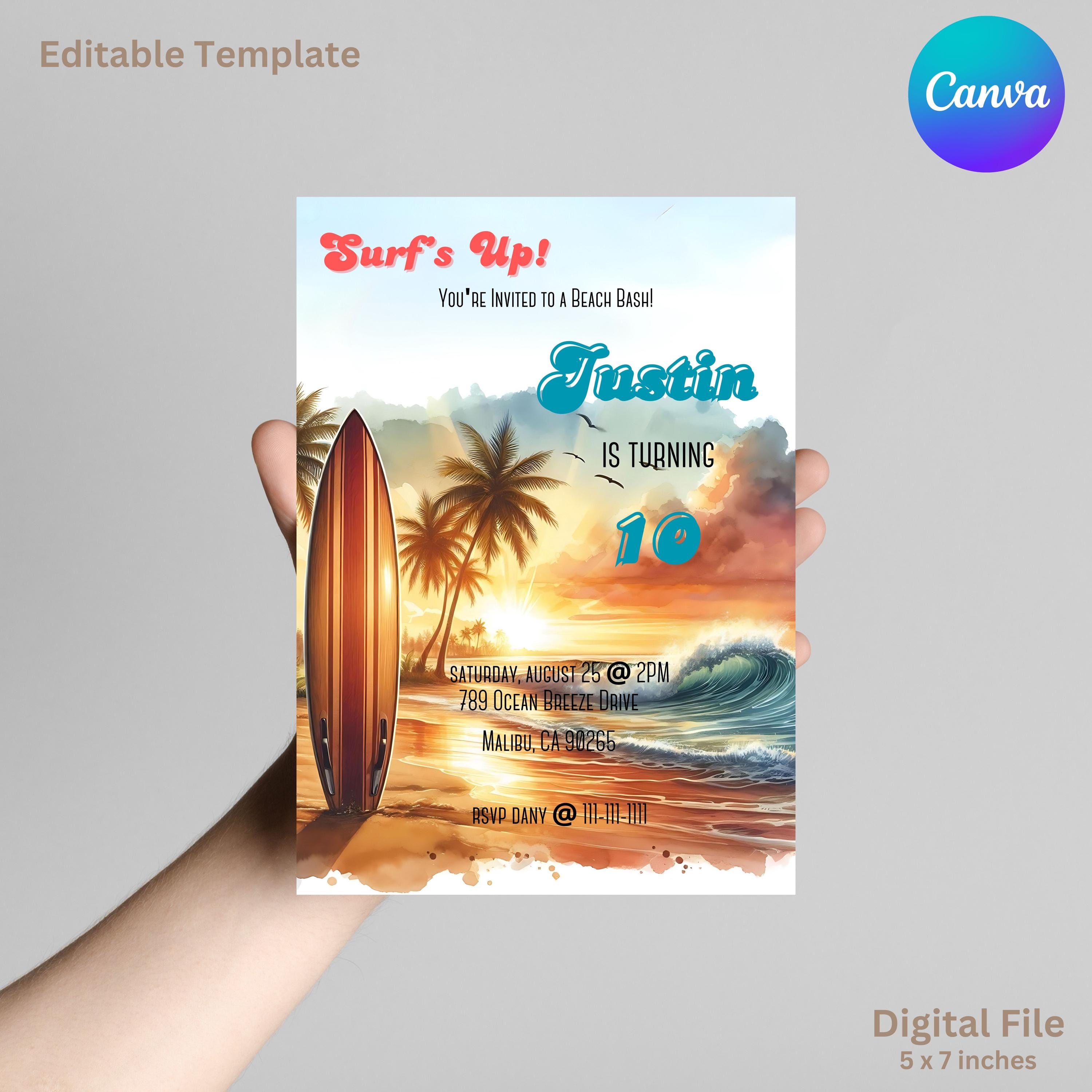 Editable Surfing Birthday Invitation, Surfboard Birthday Invitation ...