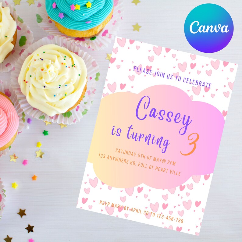 Editable Pink Hearts Birthday Invitation, Pink Birthday Invitation ...