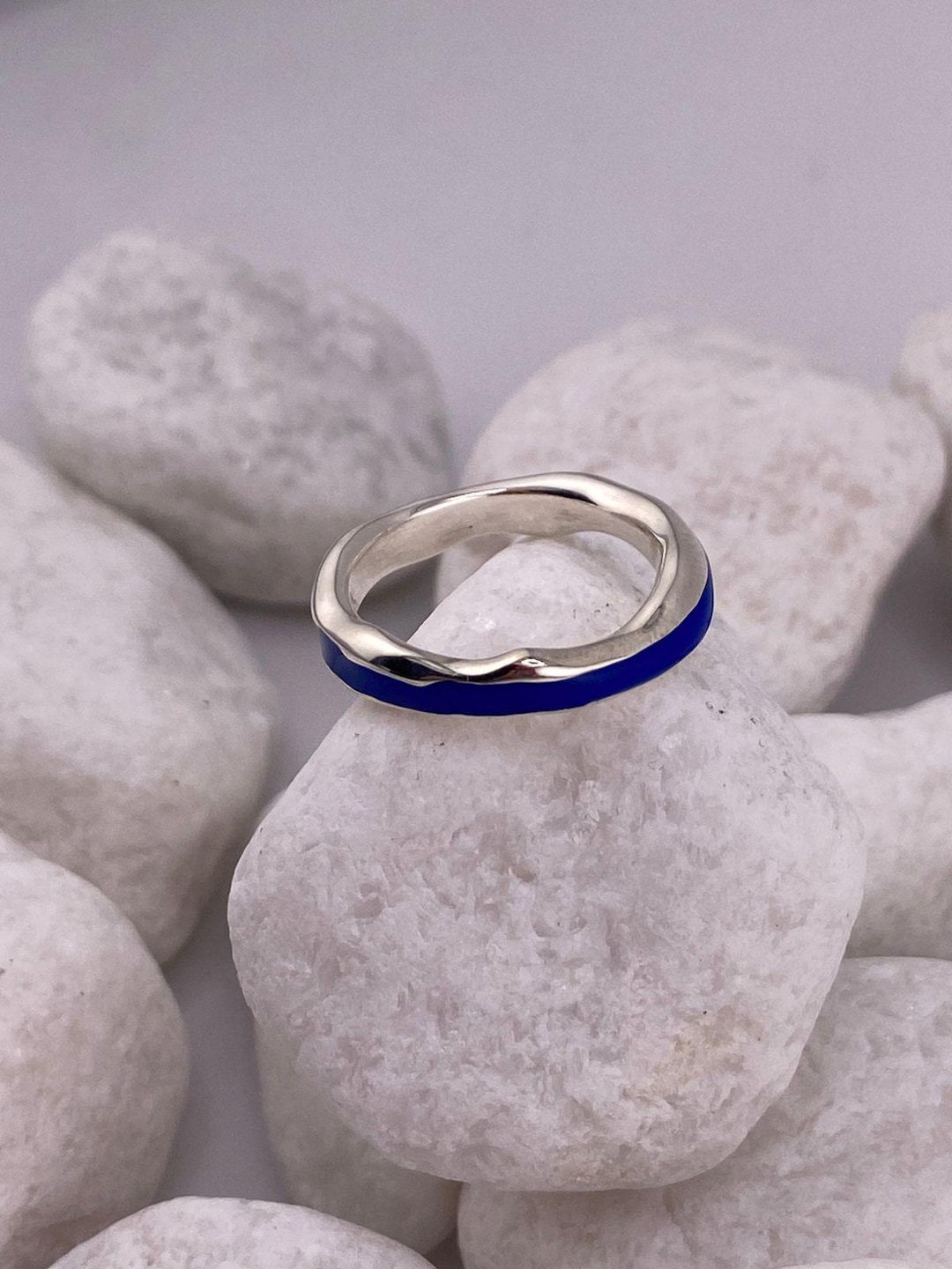 Blue Enamel Wavy Ring, Erregular Liquid Ring, Sterling Silver Curved ...