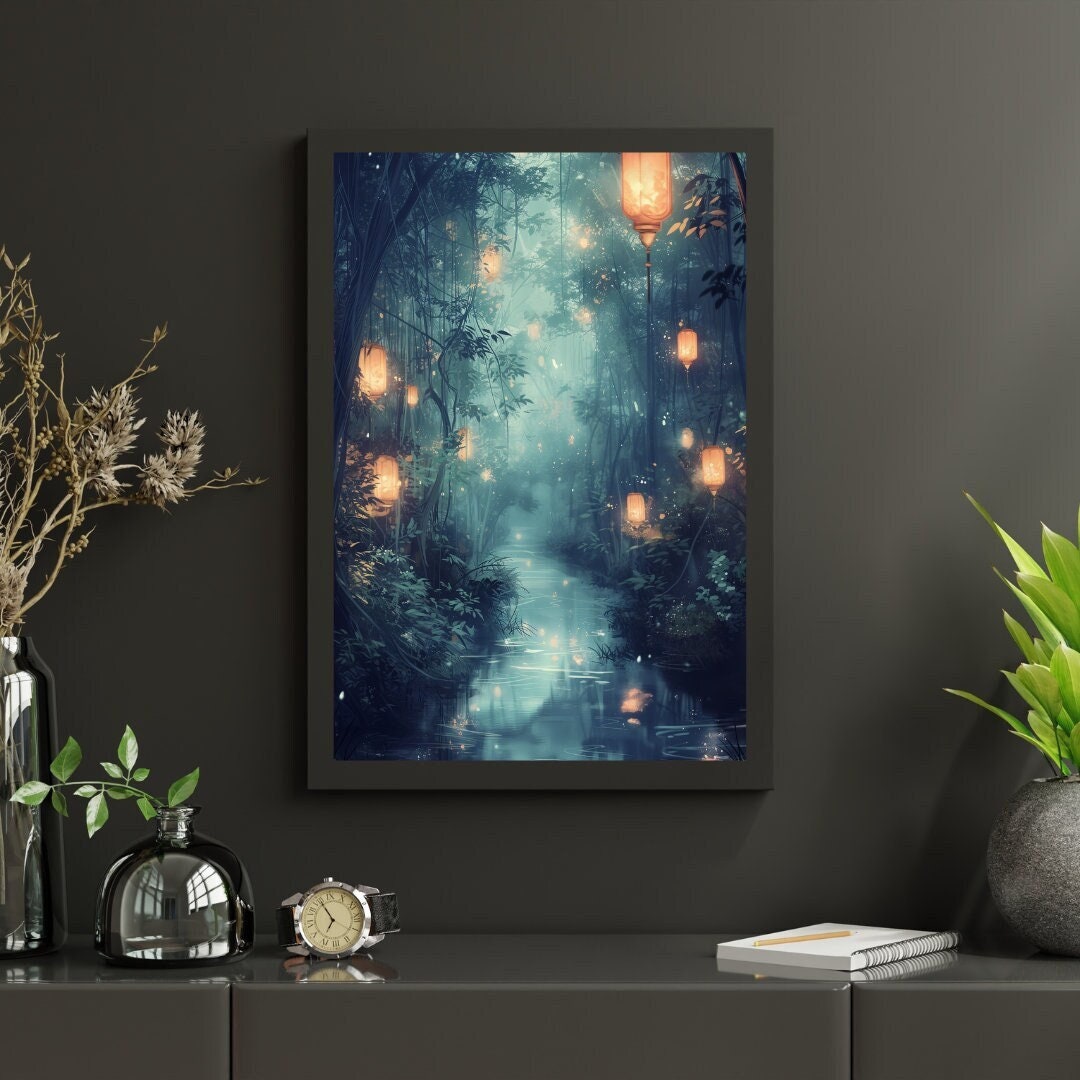 Enchanted Forest Lanterns Art Print - Mystical River & Trees Watercolor ...