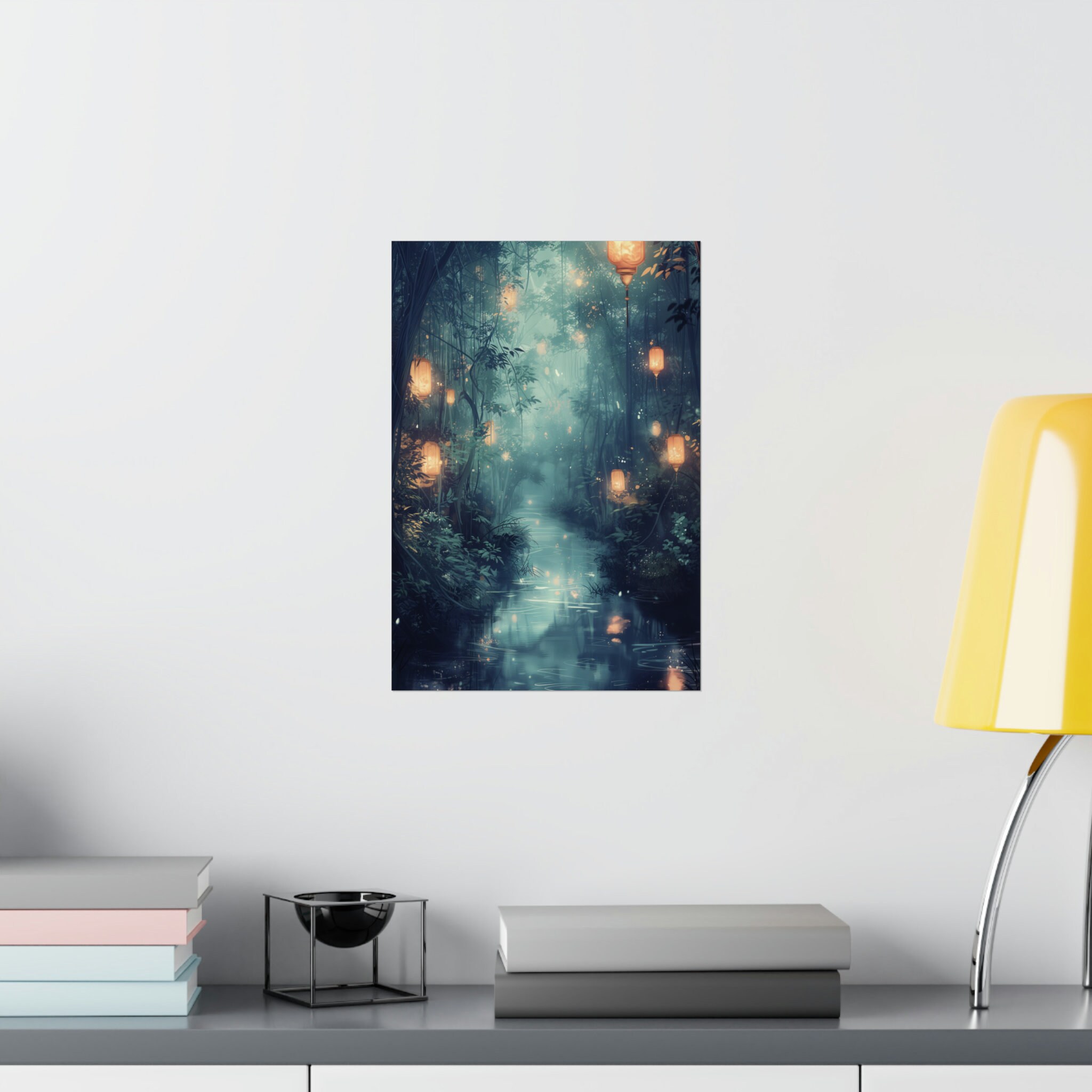 Enchanted Forest Lanterns Art Print - Mystical River & Trees Watercolor ...