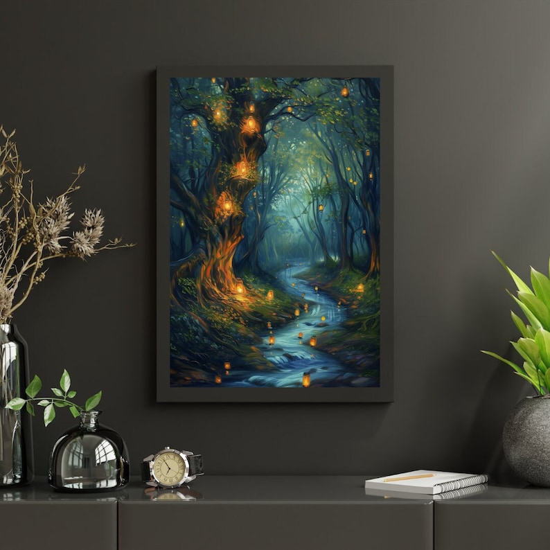Enchanted Forest Lanterns Oil Painting - Mystical River & Trees Artwork ...