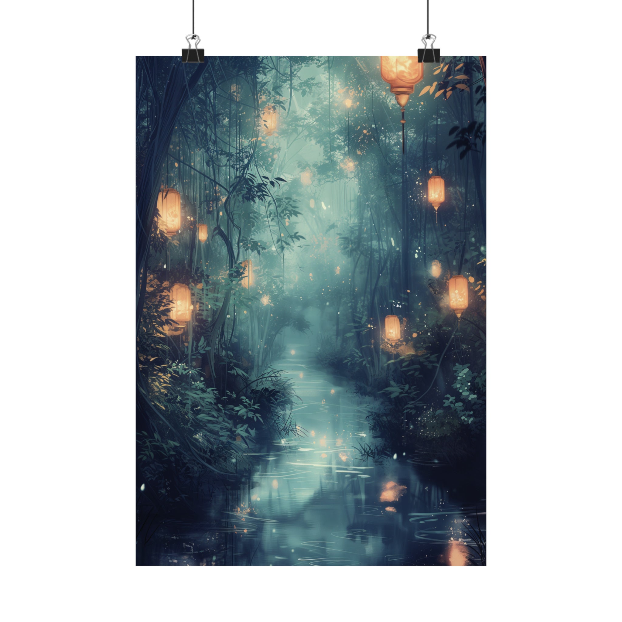 Enchanted Forest Lanterns Art Print - Mystical River & Trees Watercolor ...